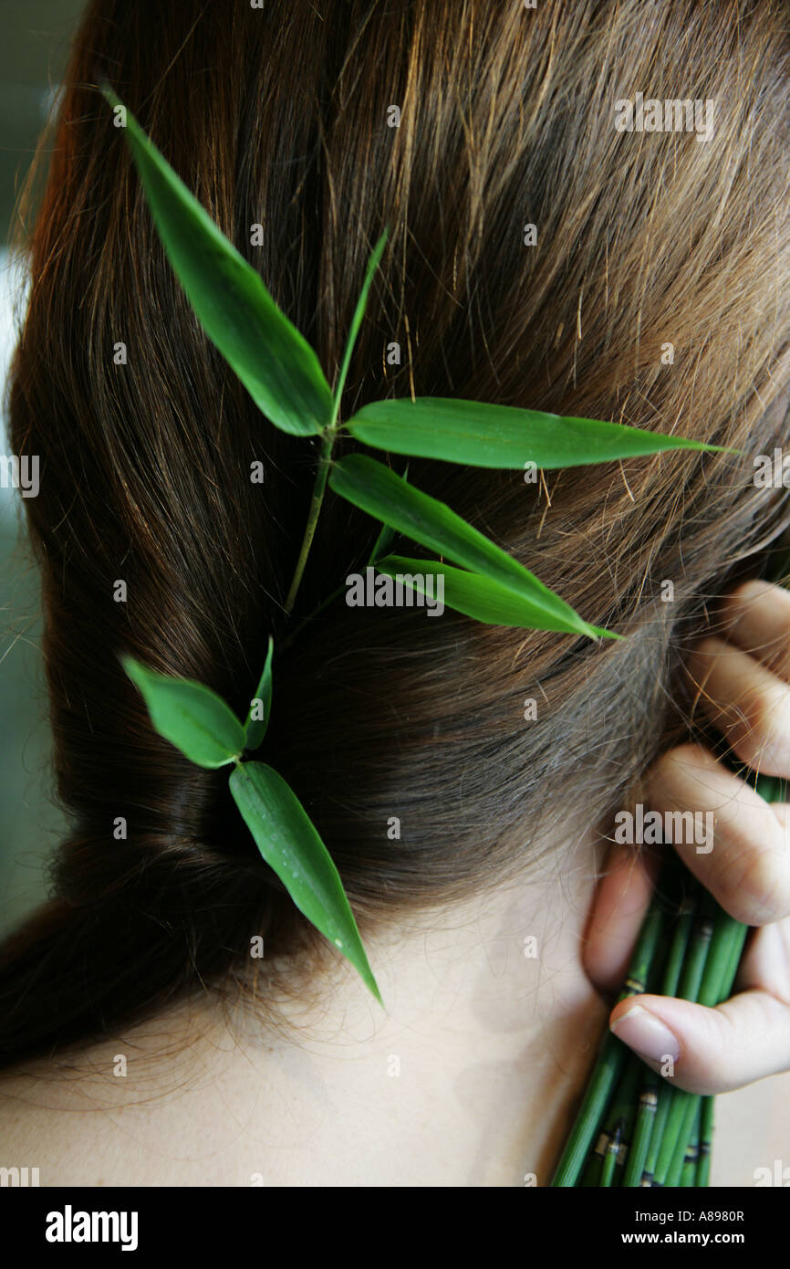 Back of a woman's head with bamboo leaves in her hair Stock Photo - Alamy