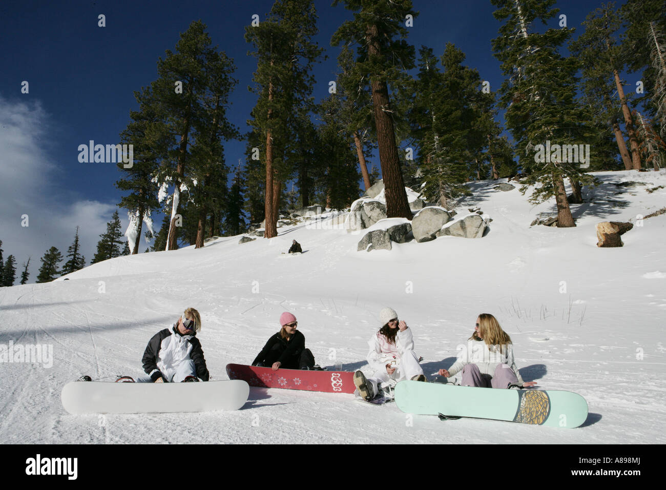 Four women sitting on a ski slope Stock Photo - Alamy