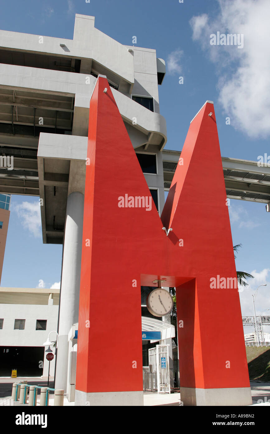 Miami Florida,Riverwalk Metromover Station,entrance,front,giant red M ...