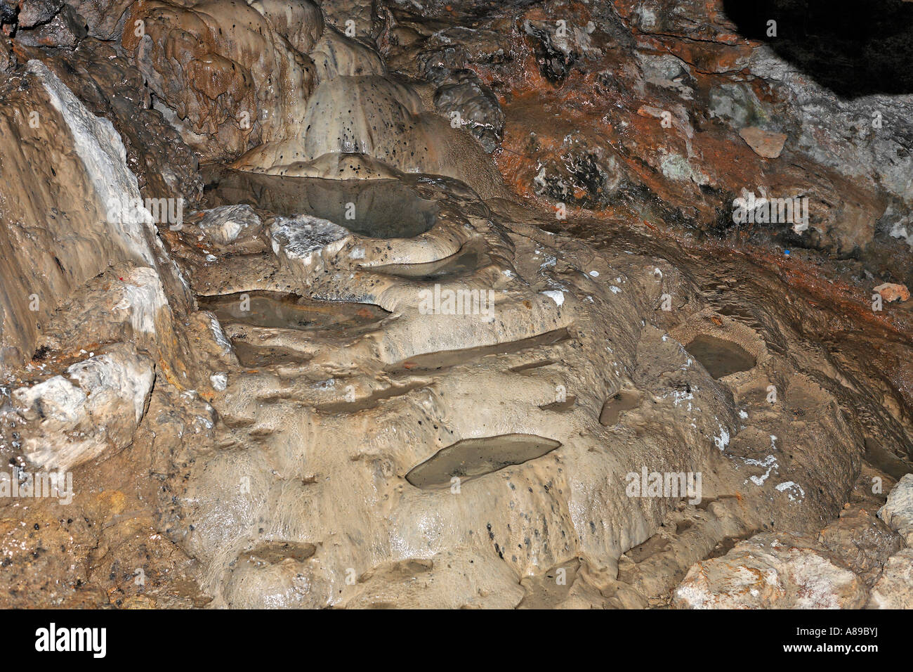 A spring with sinter terrace in a cave at the chapel Zoodochos Pigi ...