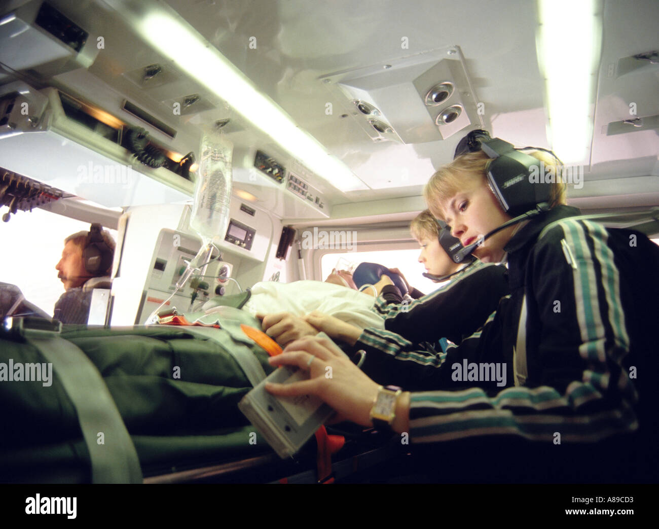 Inside view of an ambulance helicopter that is transporting a patient ...