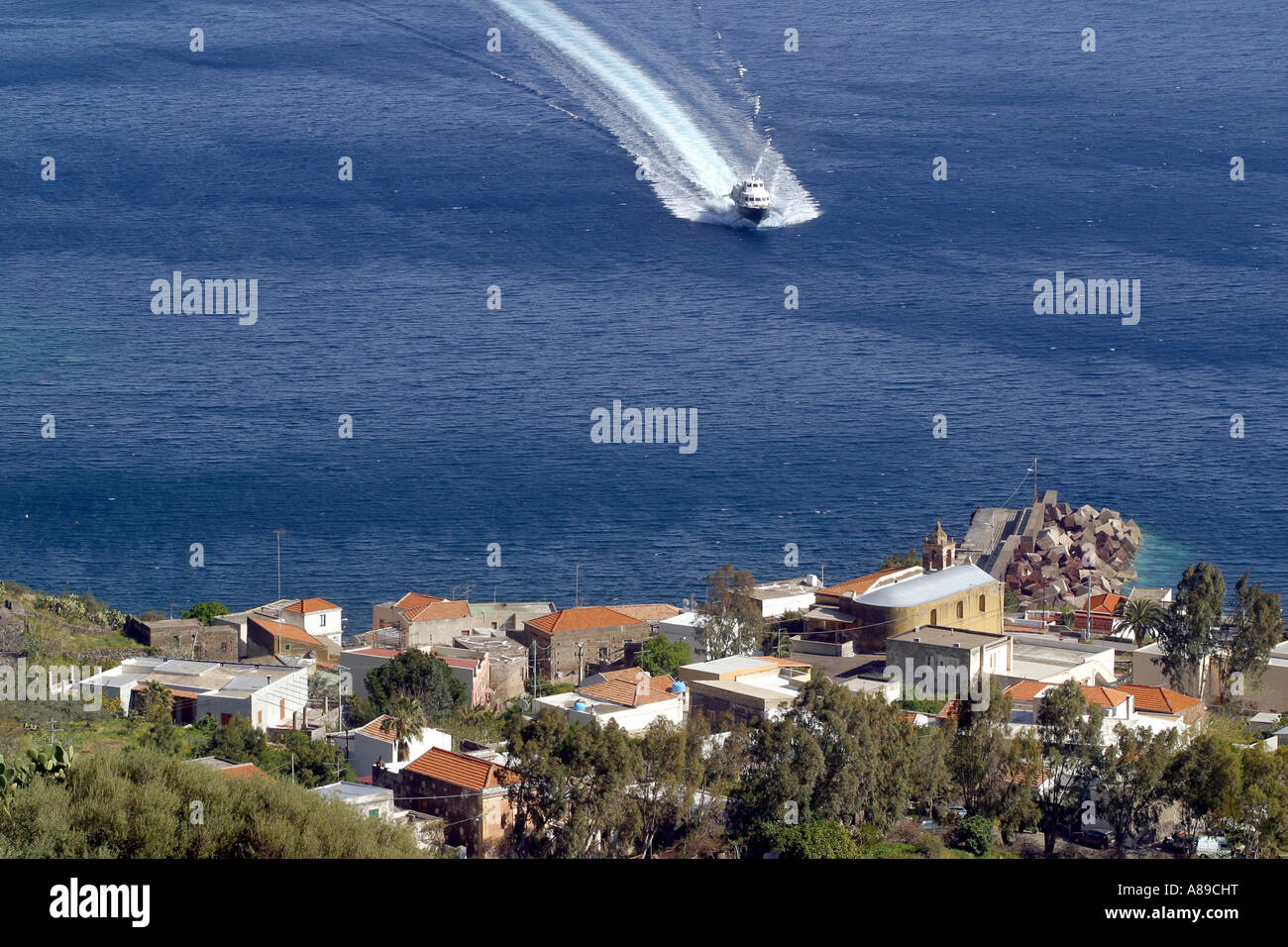 Hydrofoil ahead the port of Stromboli, Liparian Islands, Sicily ...
