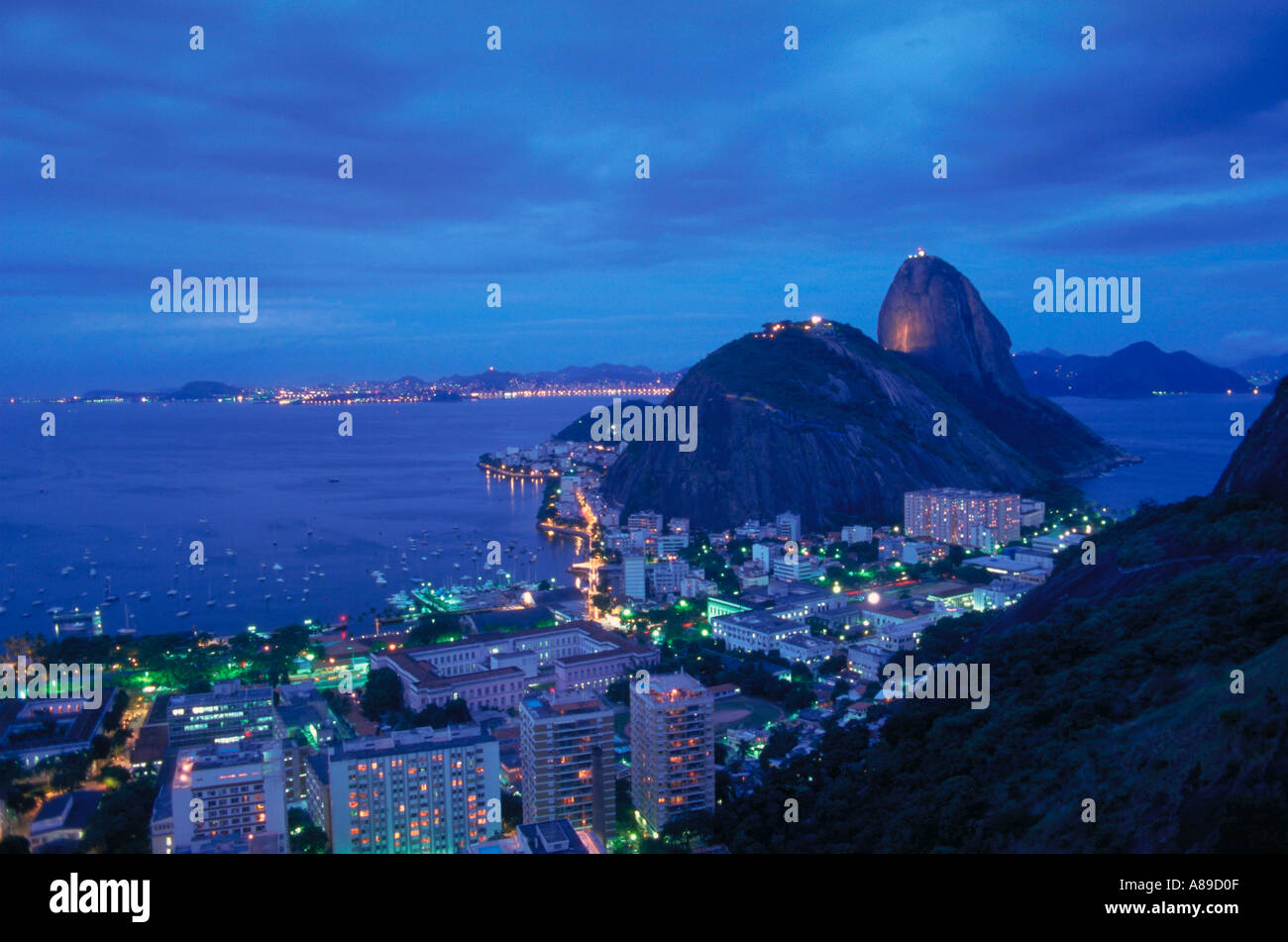 Aerial view of the lights of Rio de Janeiro Brazil and Sugarloaf at ...