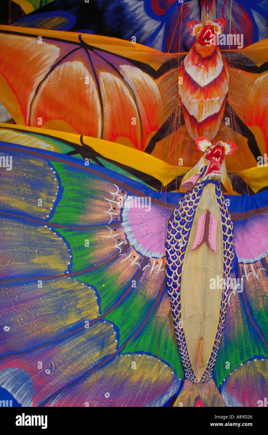 Close up of kites hanging on display at a shop in Ubud Bali Indonesia ...