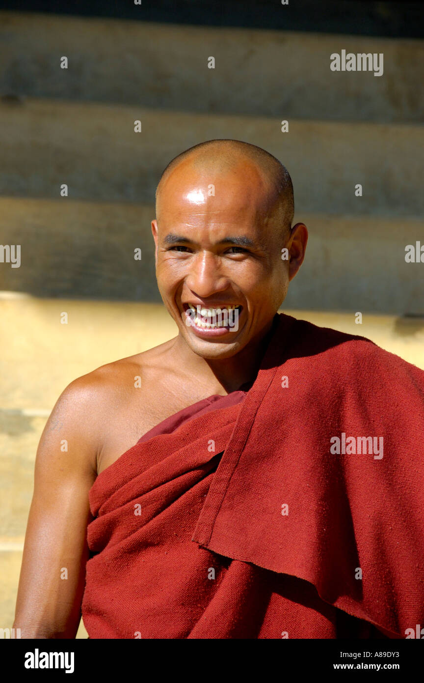Portrait Buddhist monk in red robe laughs Yasakyi Shan State Burma ...