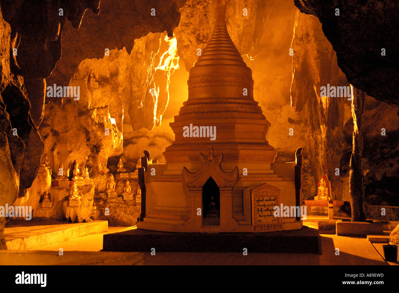 Stupa and golden Buddha statues in Pindaya Cave Shan State Burma Stock ...