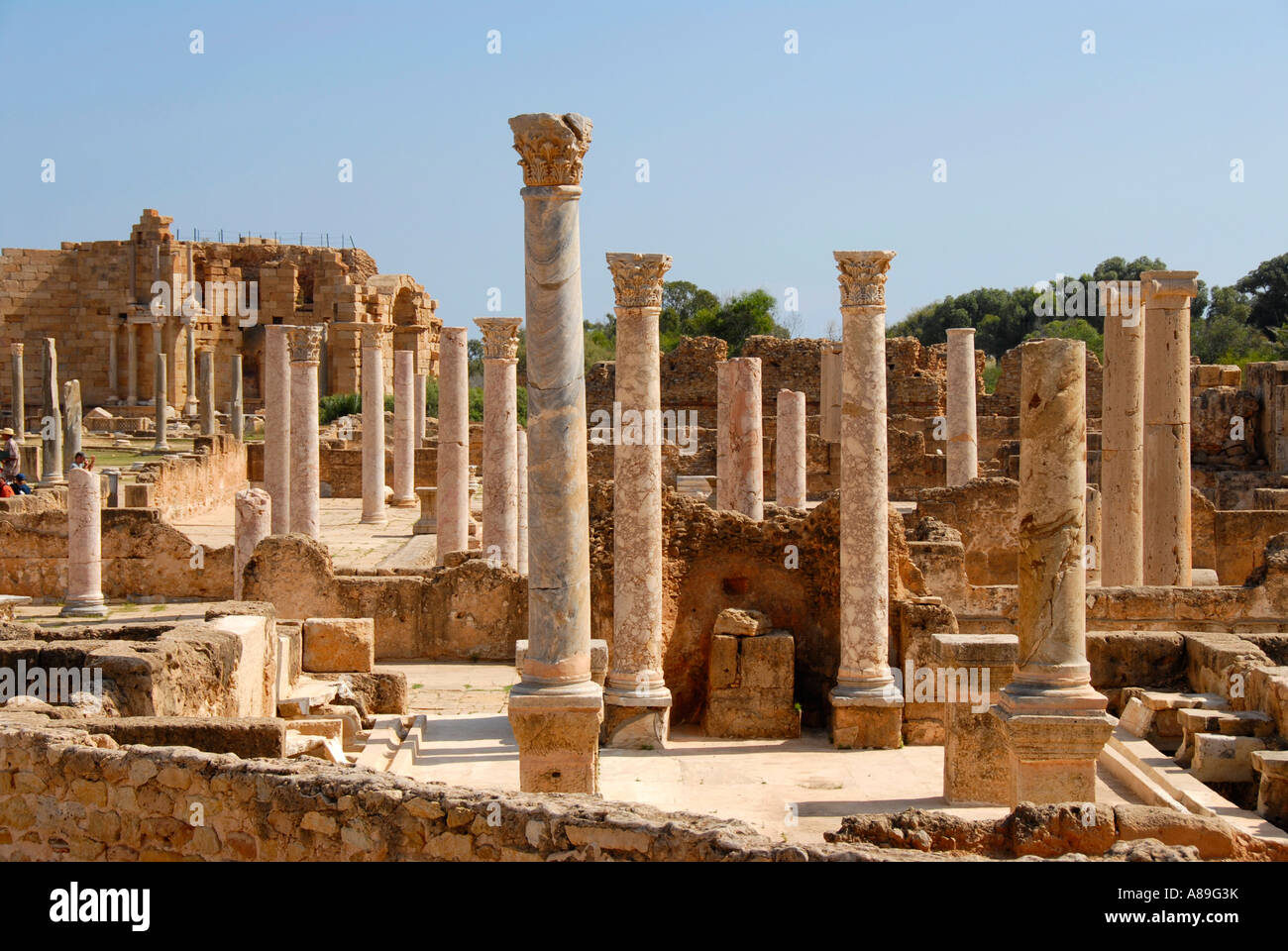 Many antique pillars Hadrians thermal baths Leptis Magna Libya Stock ...