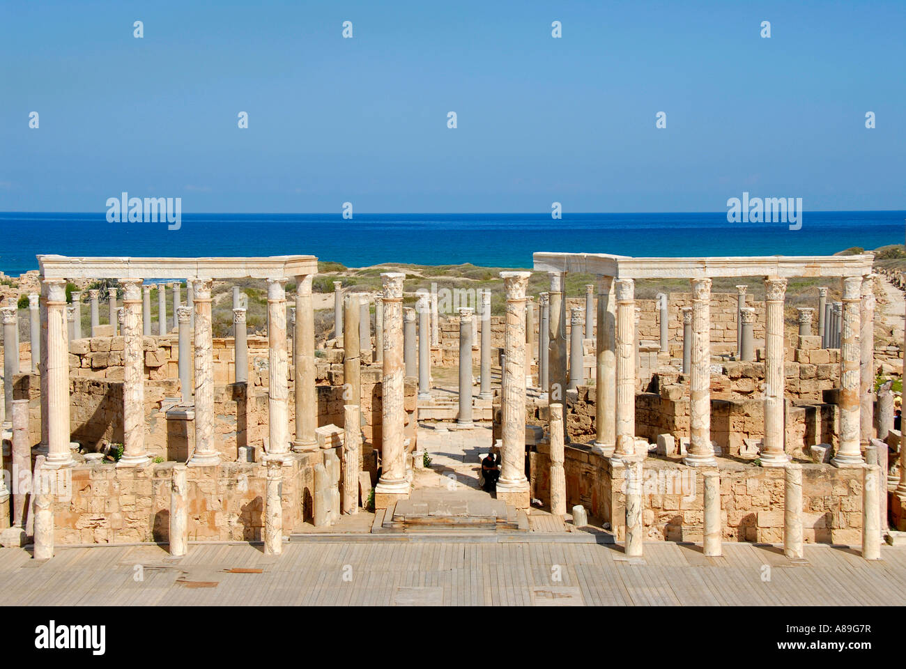 Stage with many pillars Roman theatre Leptis Magna Libya Stock Photo ...