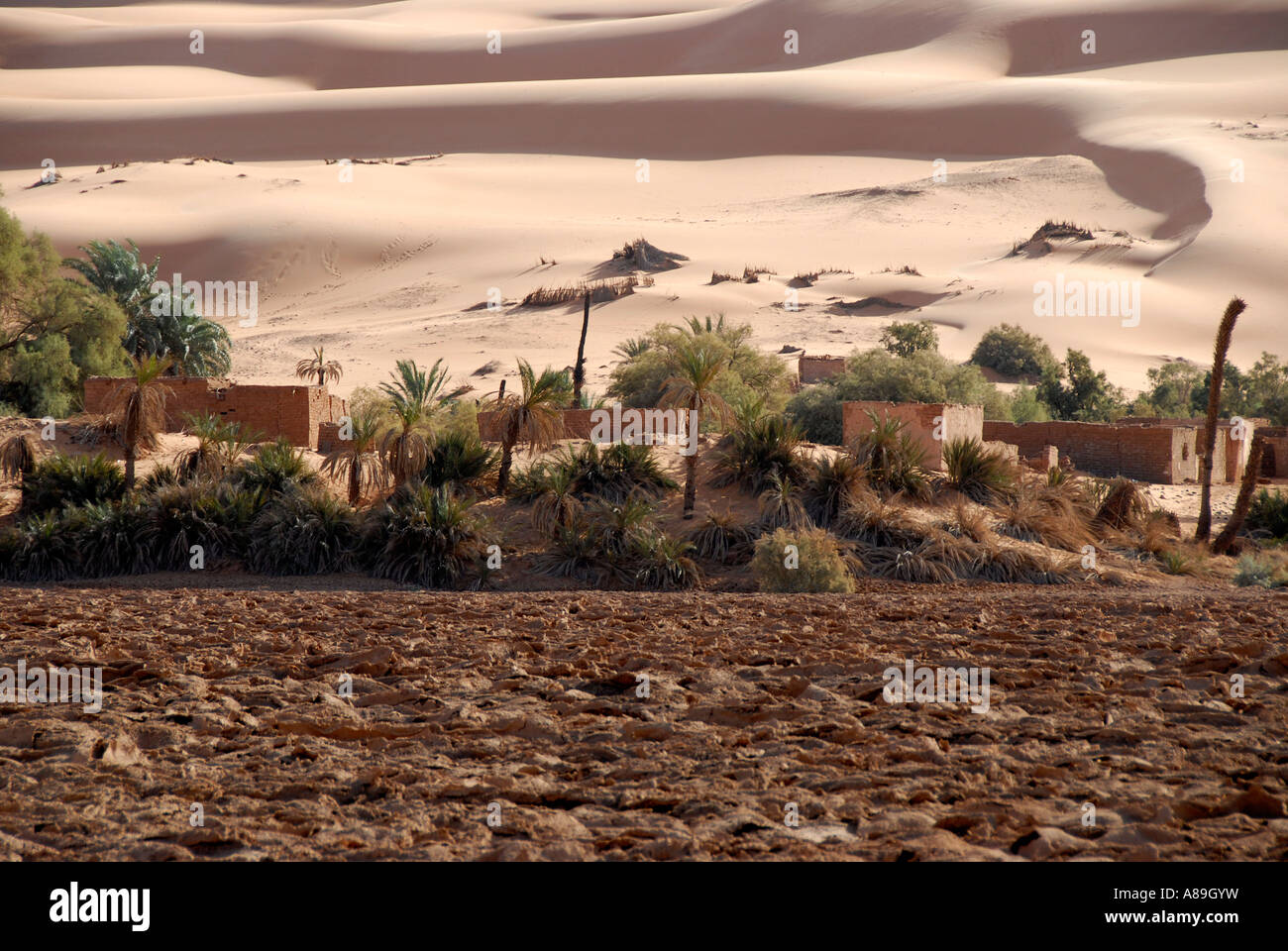 Dry and salty lake with abandoned settlement Mandara oasis Libya Stock ...