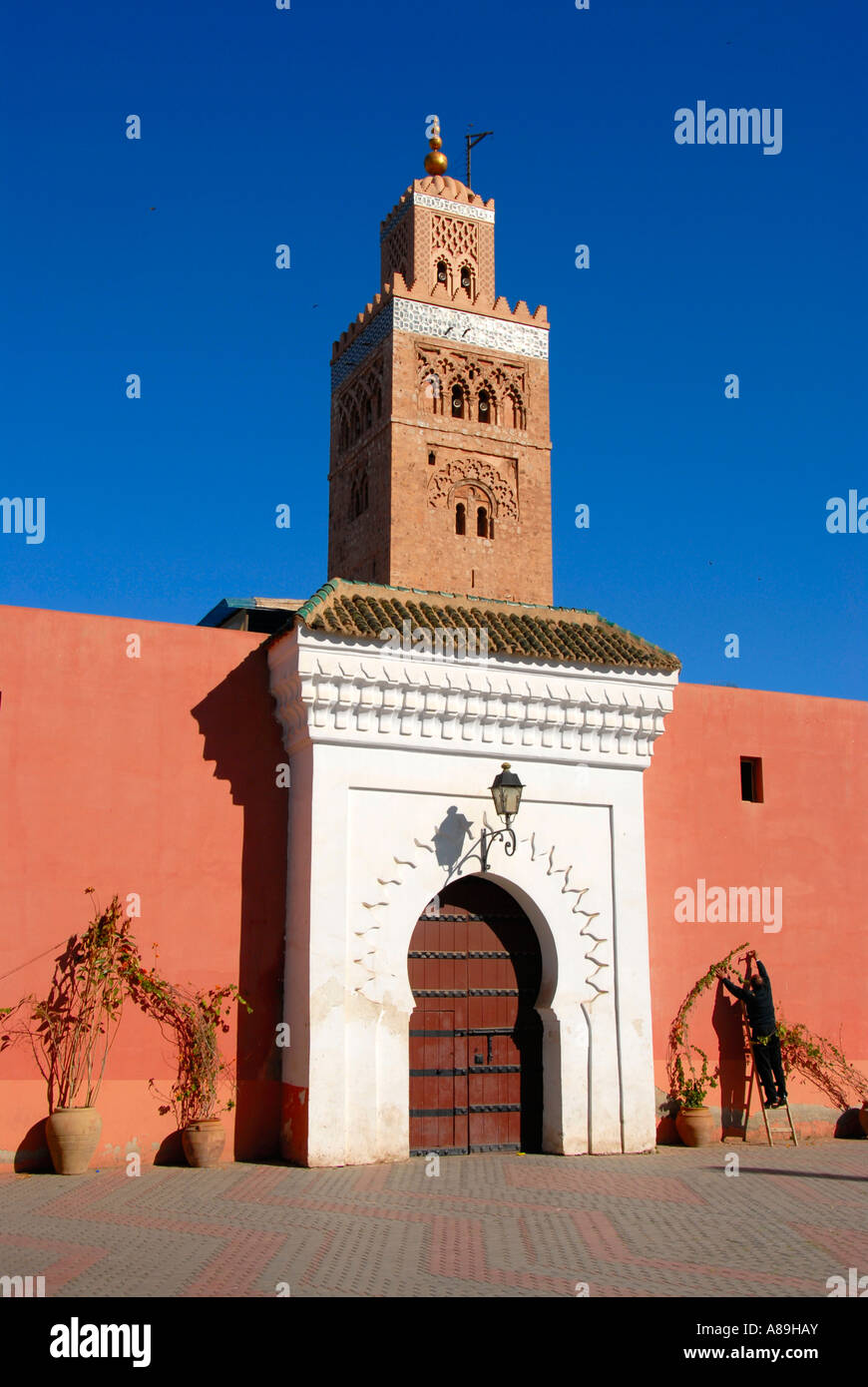 Old minaret and entrance gate Koutoubia mosque Marrakech Morocco Stock ...