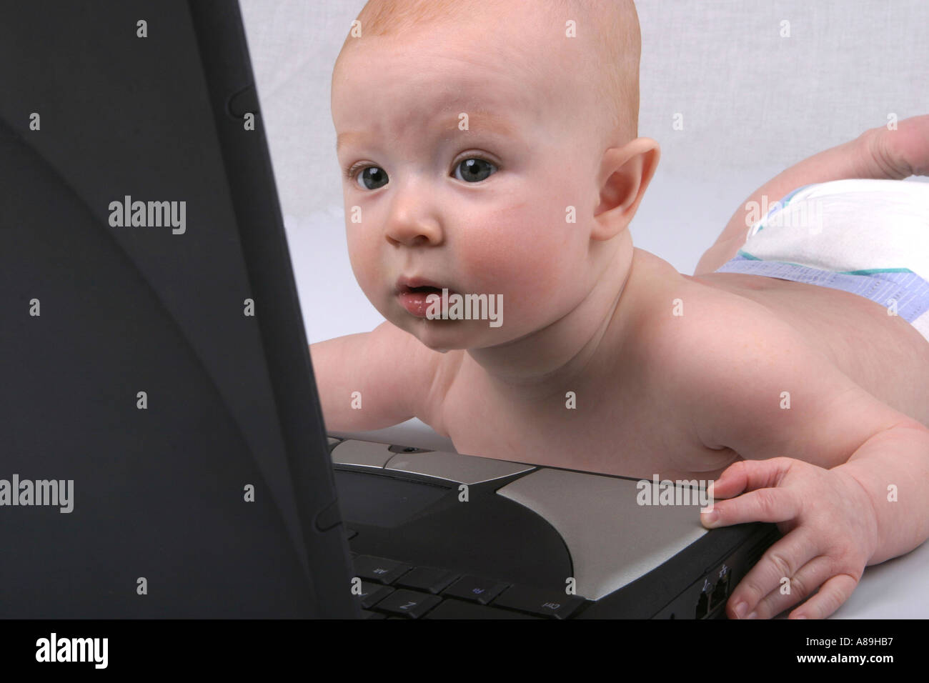 Baby working on laptop 2 Stock Photo - Alamy