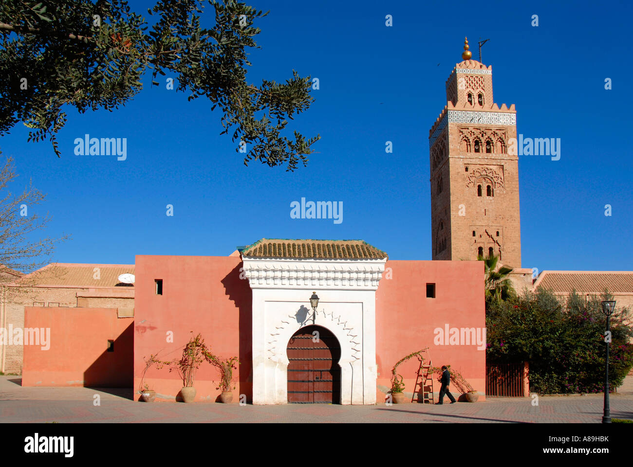 Old minaret and entrance gate Koutoubia mosque Marrakech Morocco Stock ...