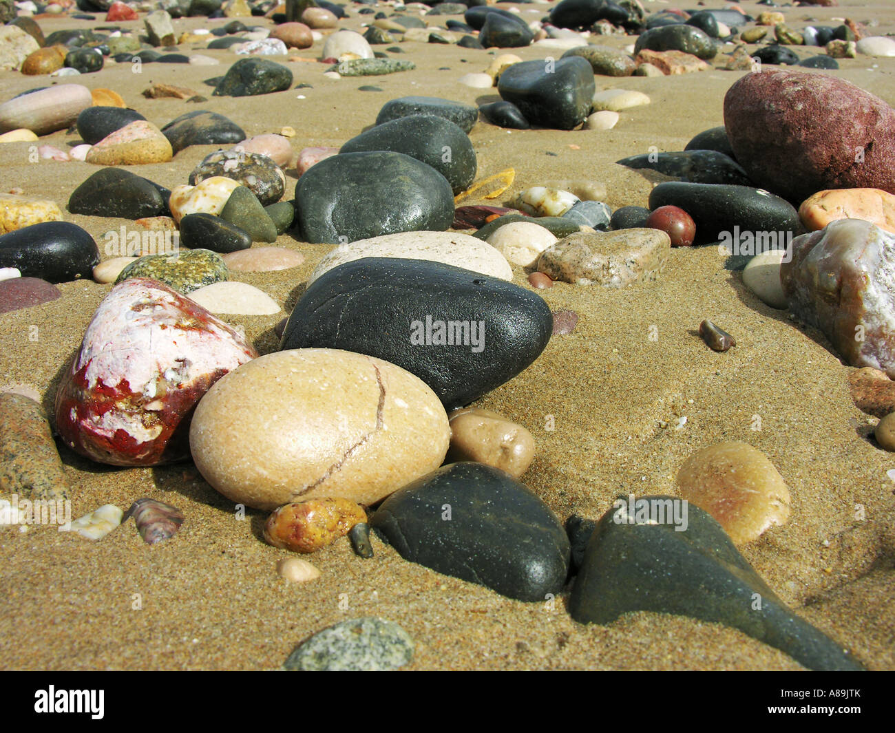 Colored pebbles in the sand Stock Photo - Alamy