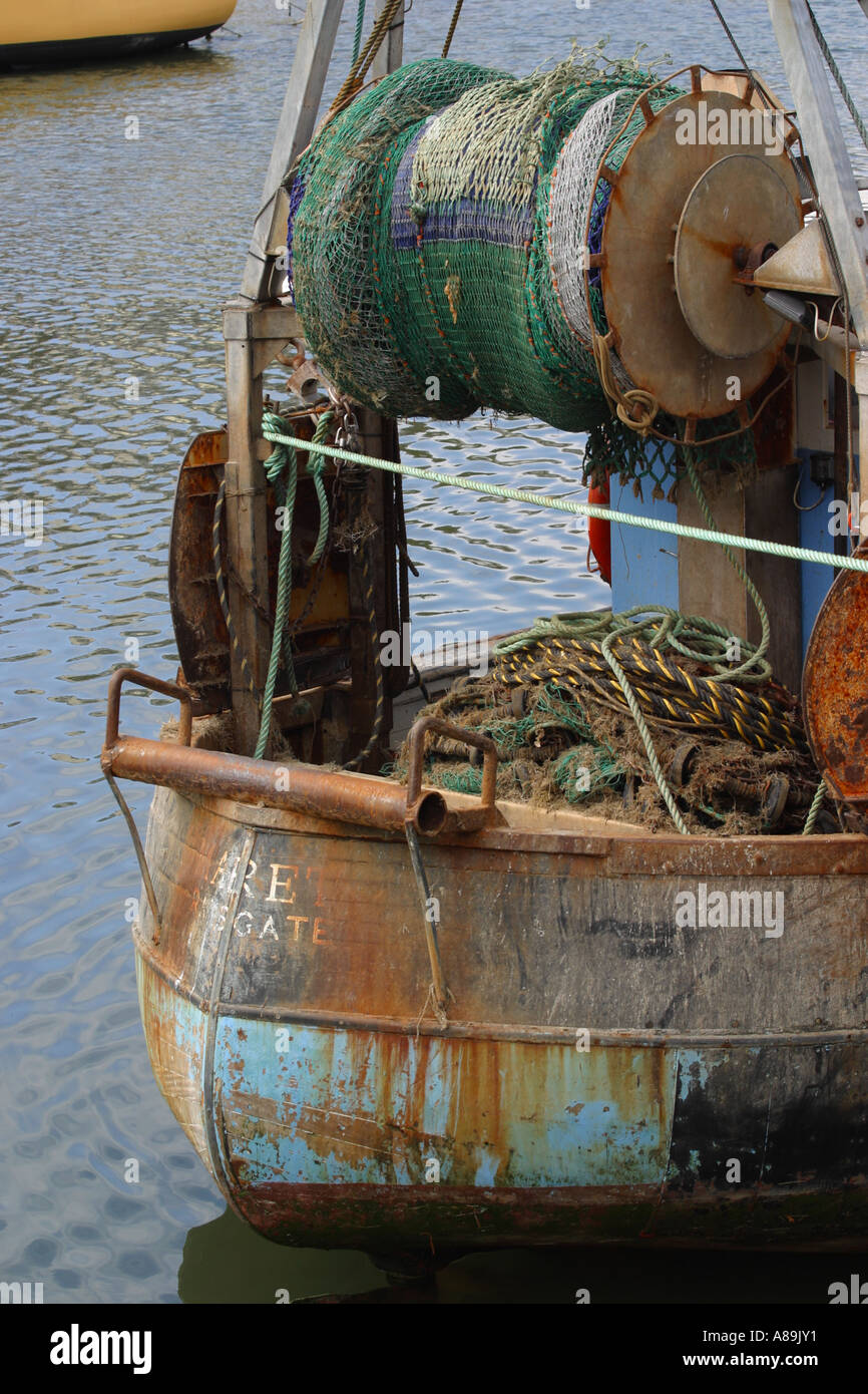 Stern fishing trawler with winch gear at Looe Cornwall Stock Photo - Alamy