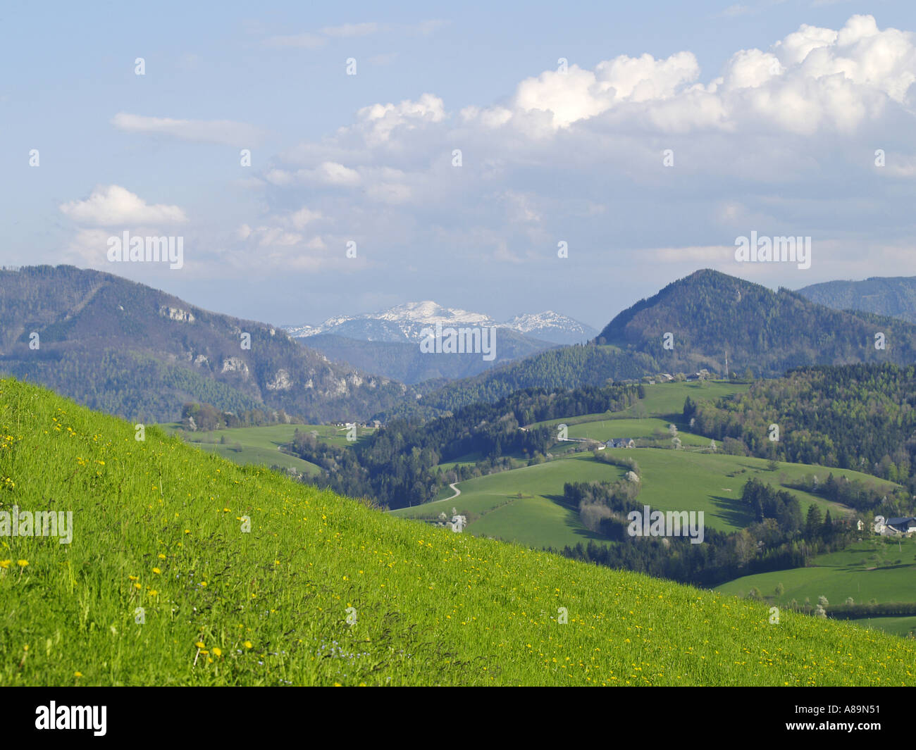 view of the hilly country, mountains in the background Stock Photo - Alamy