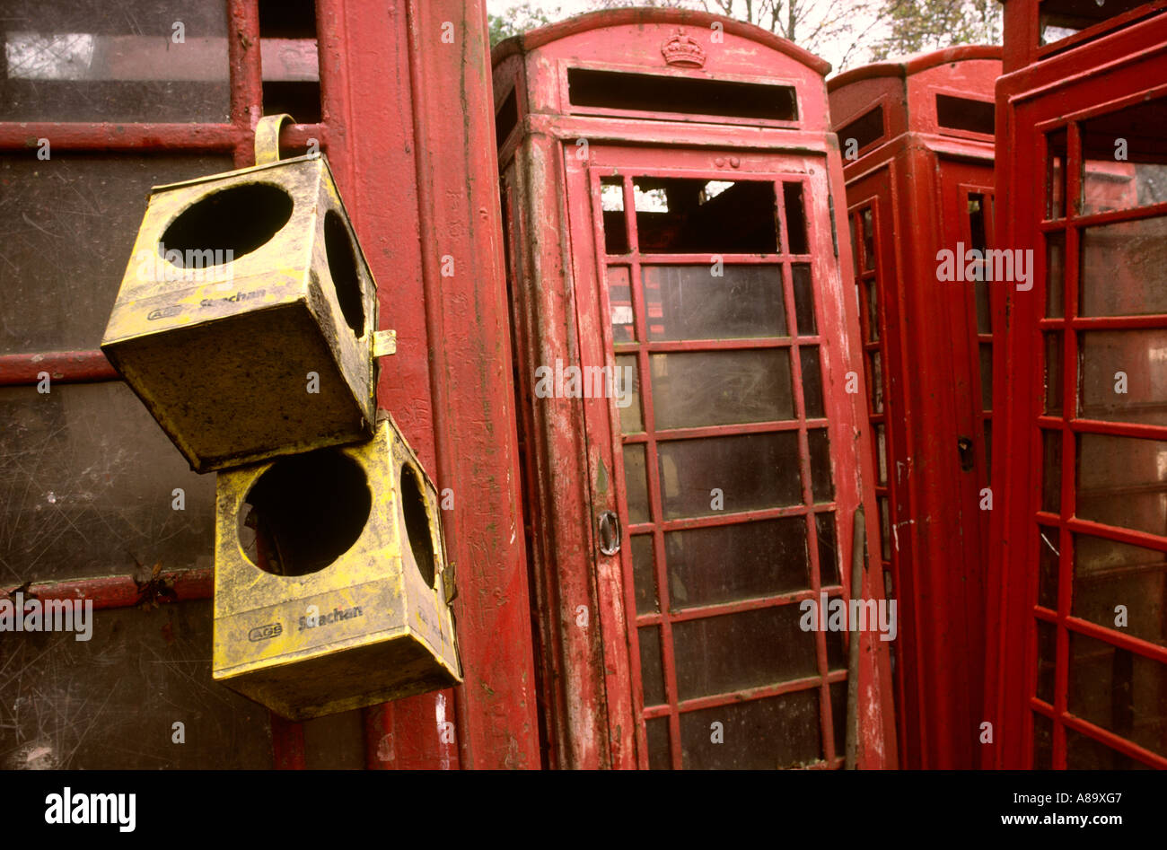Communication old red K6 Phone Boxes in scrapyard Stock Photo - Alamy