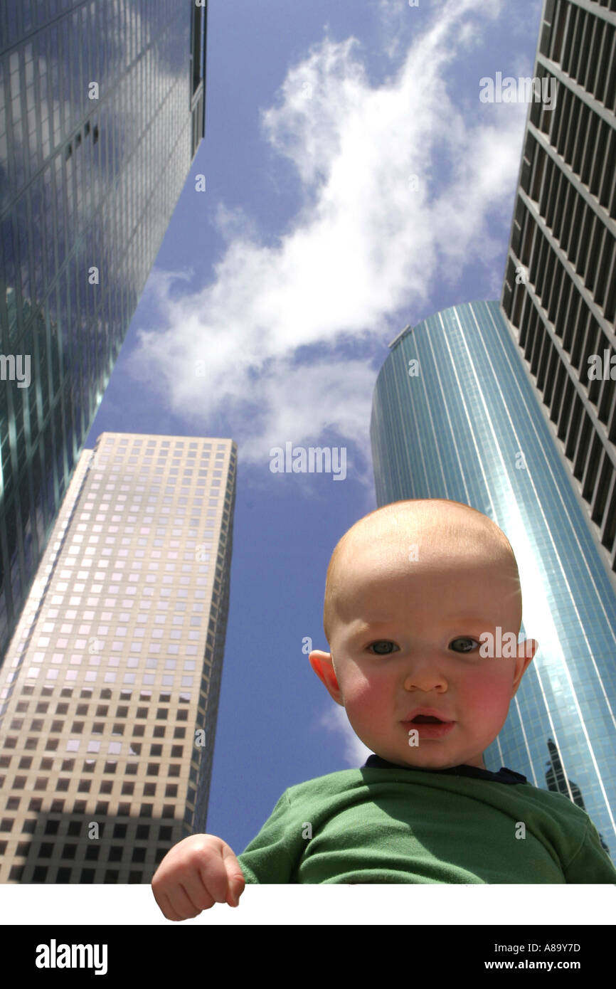 Boy with Buildings Stock Photo - Alamy