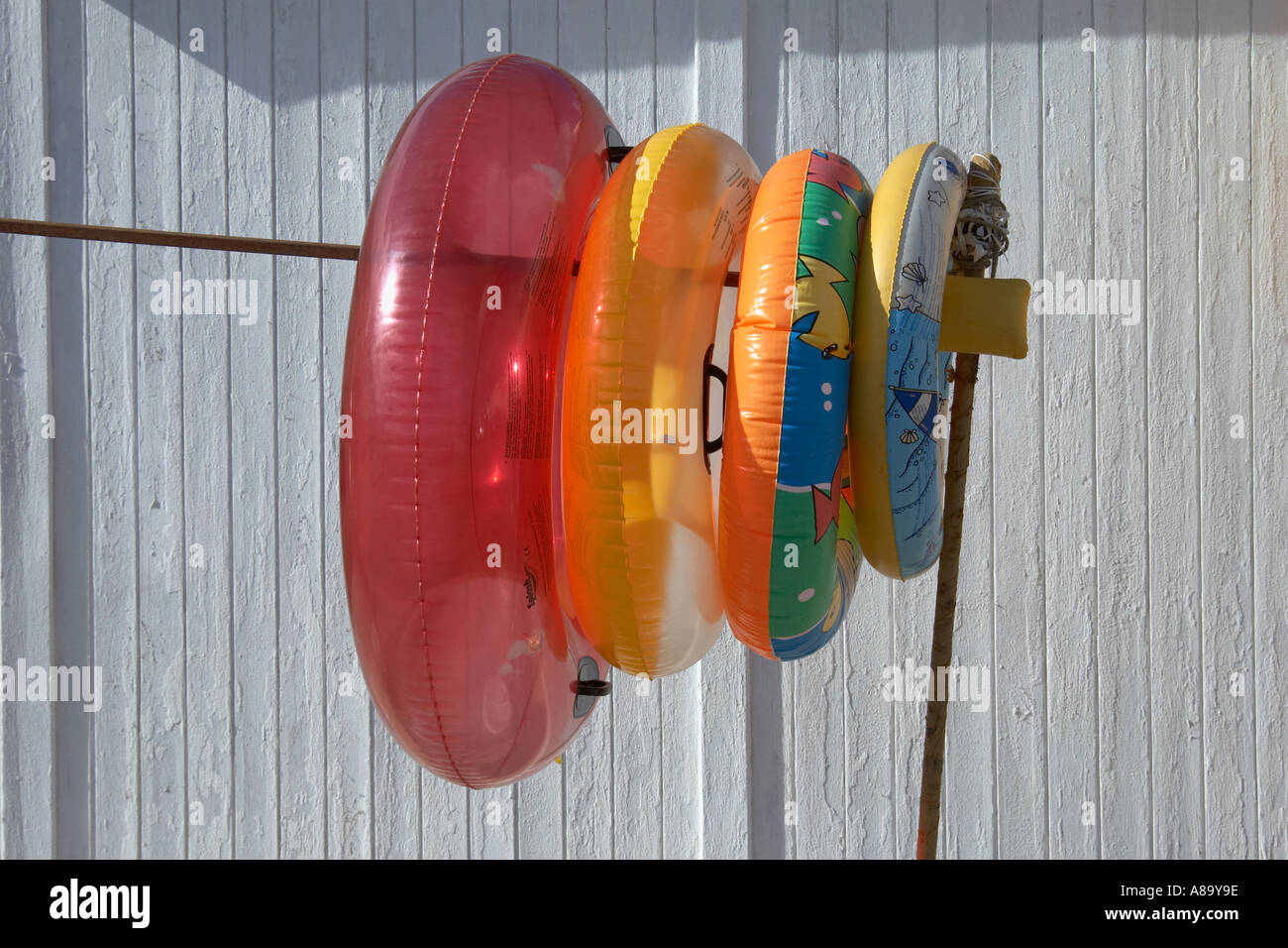 Pleasing colour and pattern picture of inflated life saving rings Stock ...