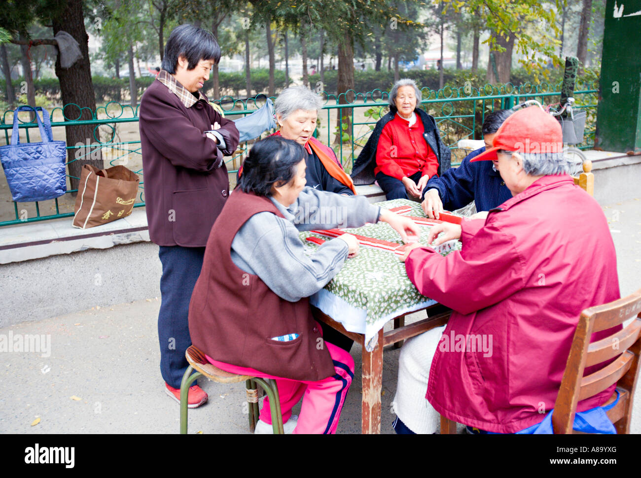 CHINA BEIJING Elderly Chinese women and one man playing mahjong a ...
