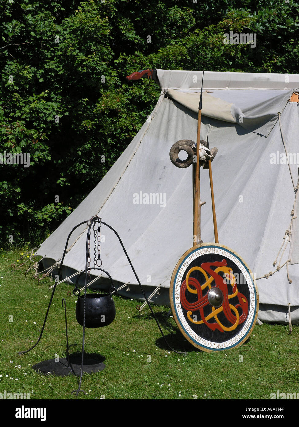 Viking camp with tent and utensils at viking fair in Jutland Denmark ...