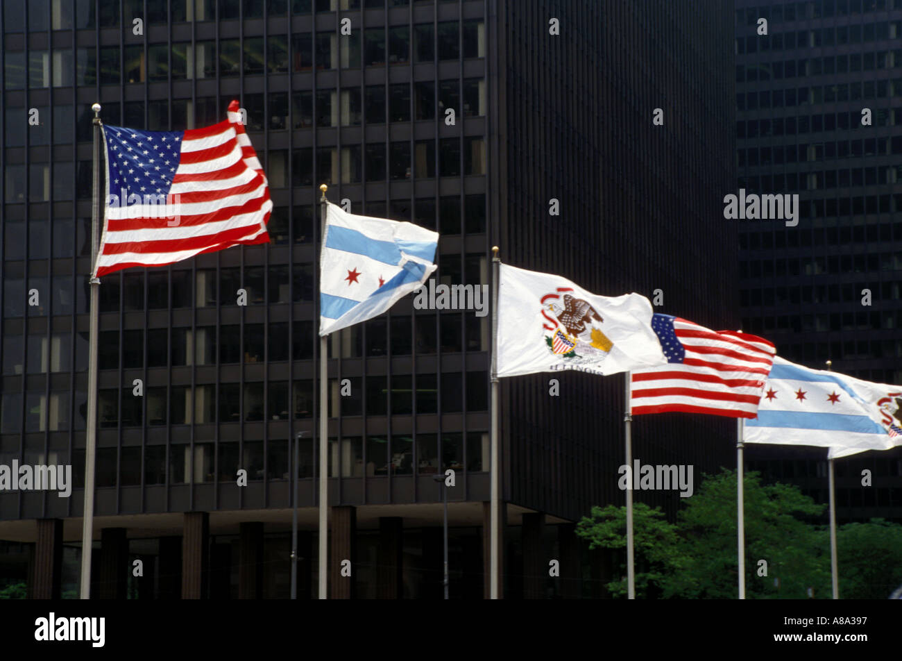 USA ILLINOIS STATE CHICAGO FLAGS proudly fly on the MICHIGAN STREET ...