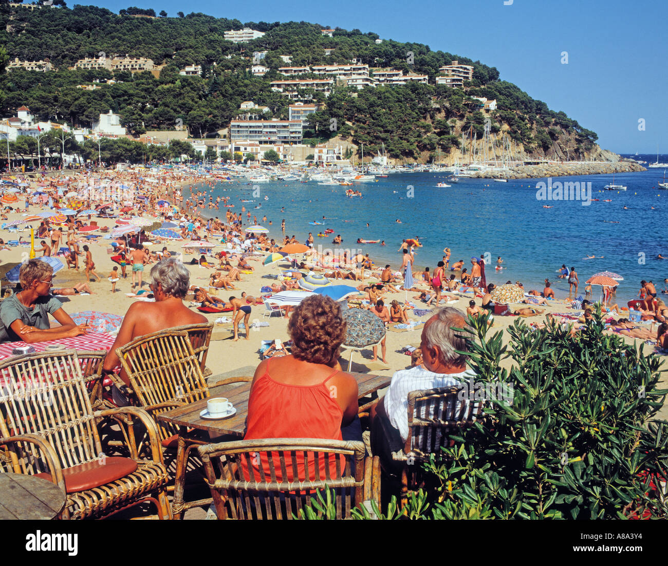 Llafranc, Costa Brava, Girona Province, Spain. View of beach in summer ...