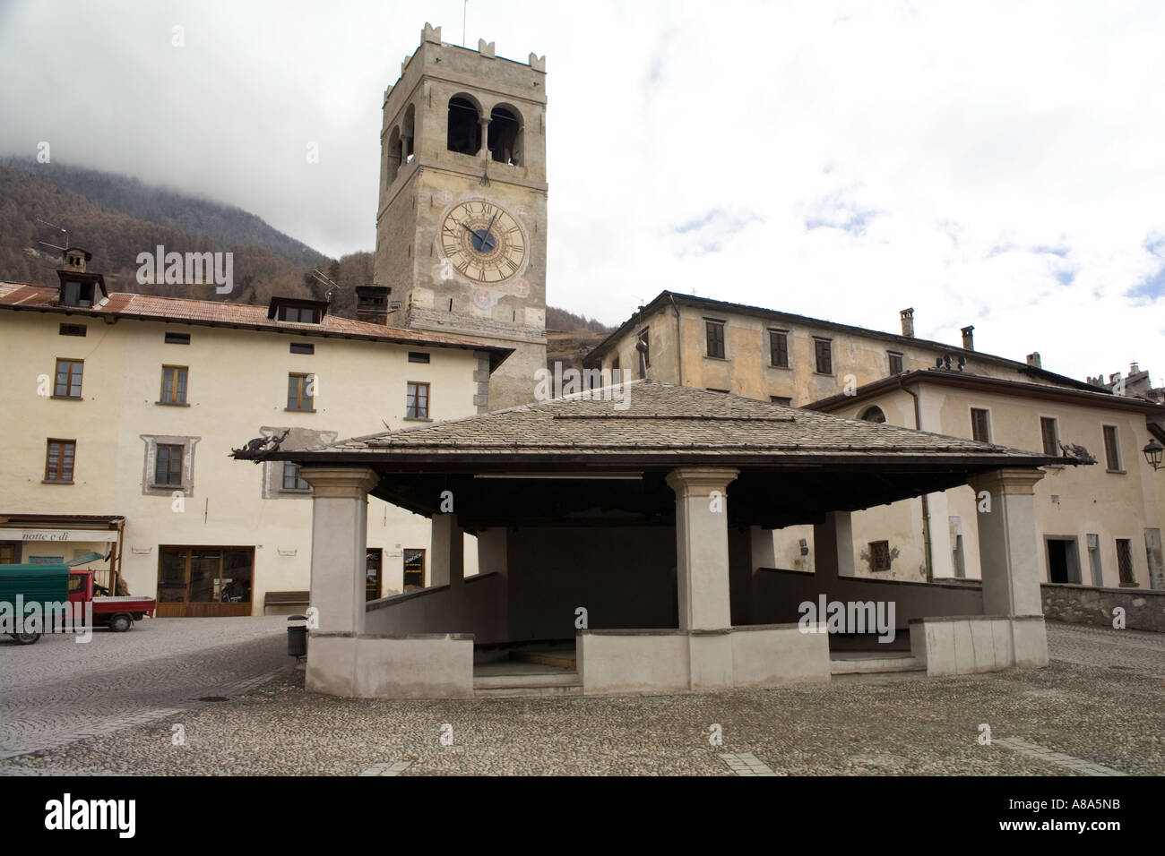 Bormio Piazza del Querc with covered beast market, Italy Stock Photo ...