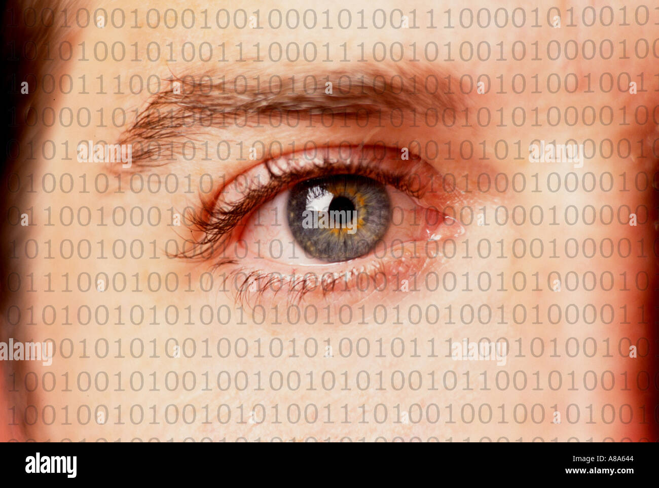 Tight face shot of mans face with binary code Stock Photo - Alamy
