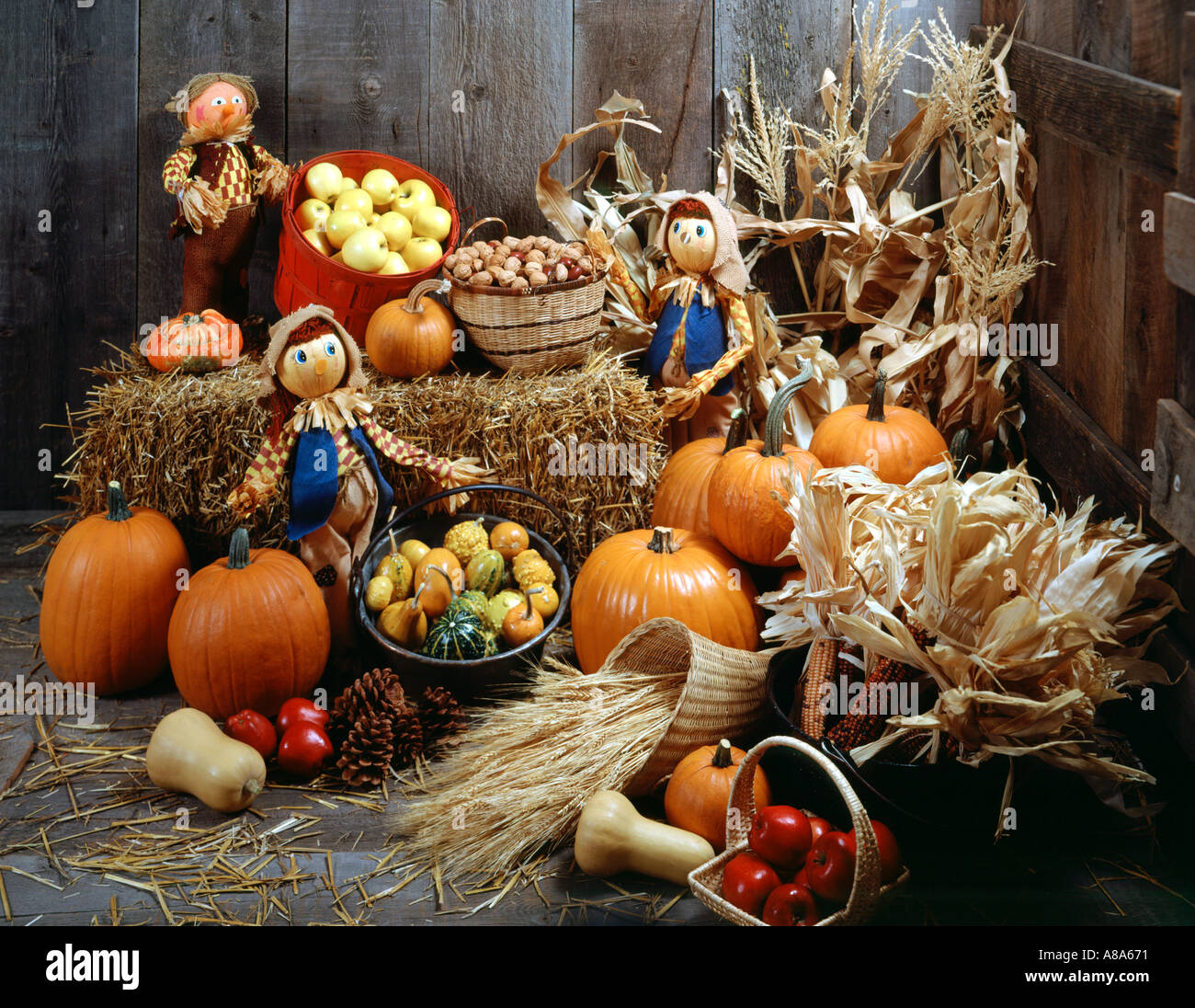 Fall Harvest still life with dolls and bale of hay Stock Photo - Alamy