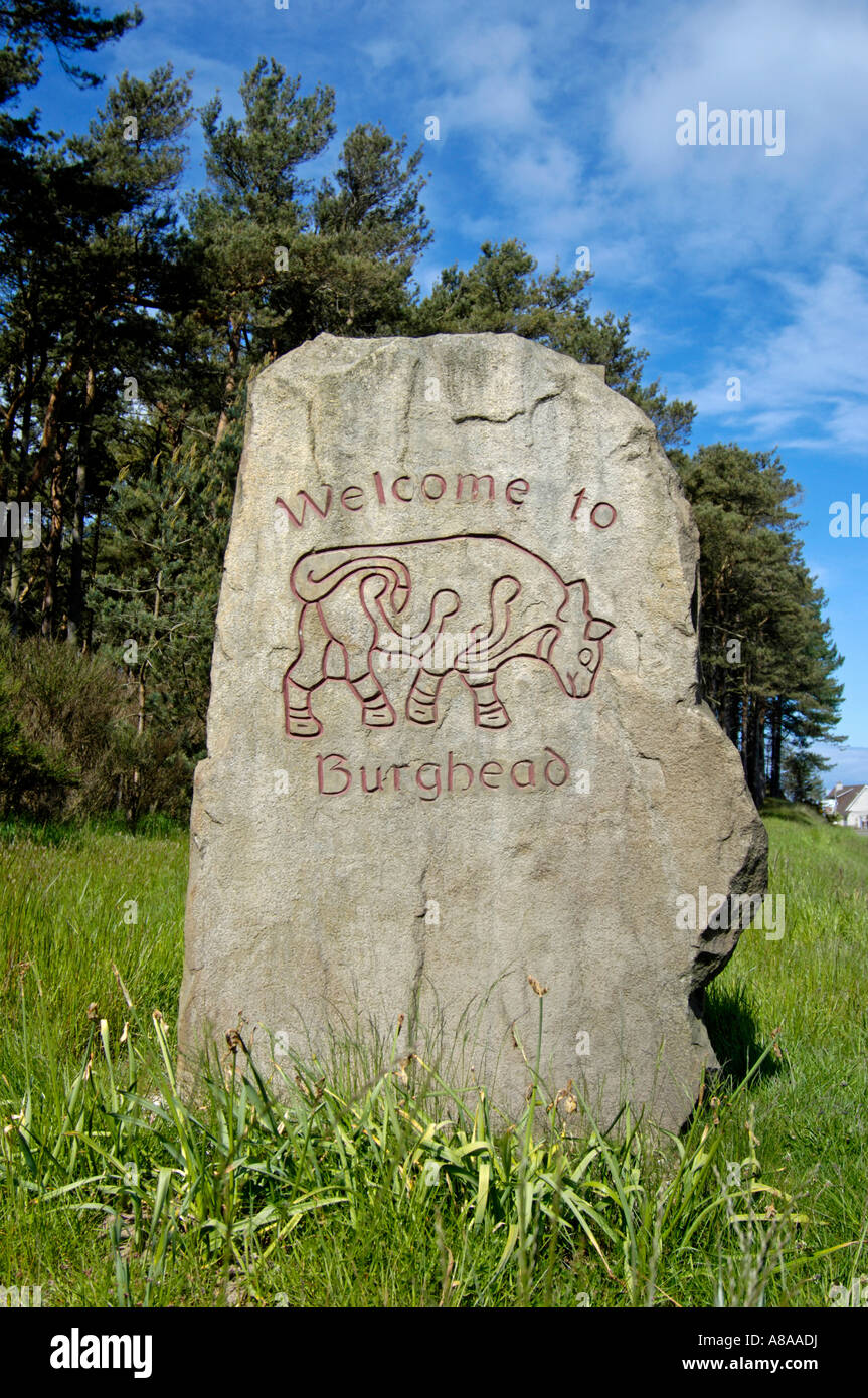 Burghead Village stone entrance marker signs Stock Photo - Alamy