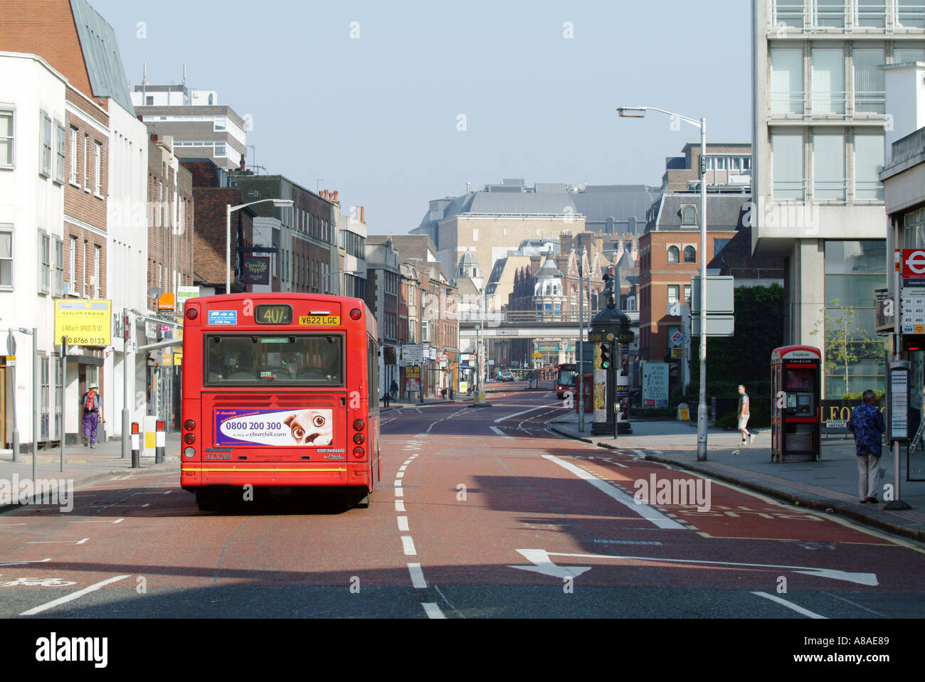 red bus on croydon high street bus stop taxi rank mass transport public ...