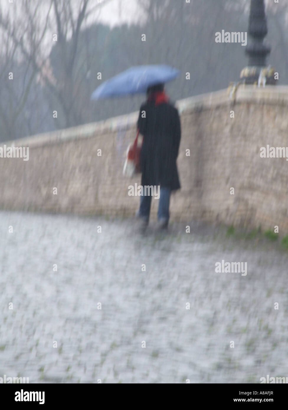 woman with umbrella walking over bridge Stock Photo - Alamy