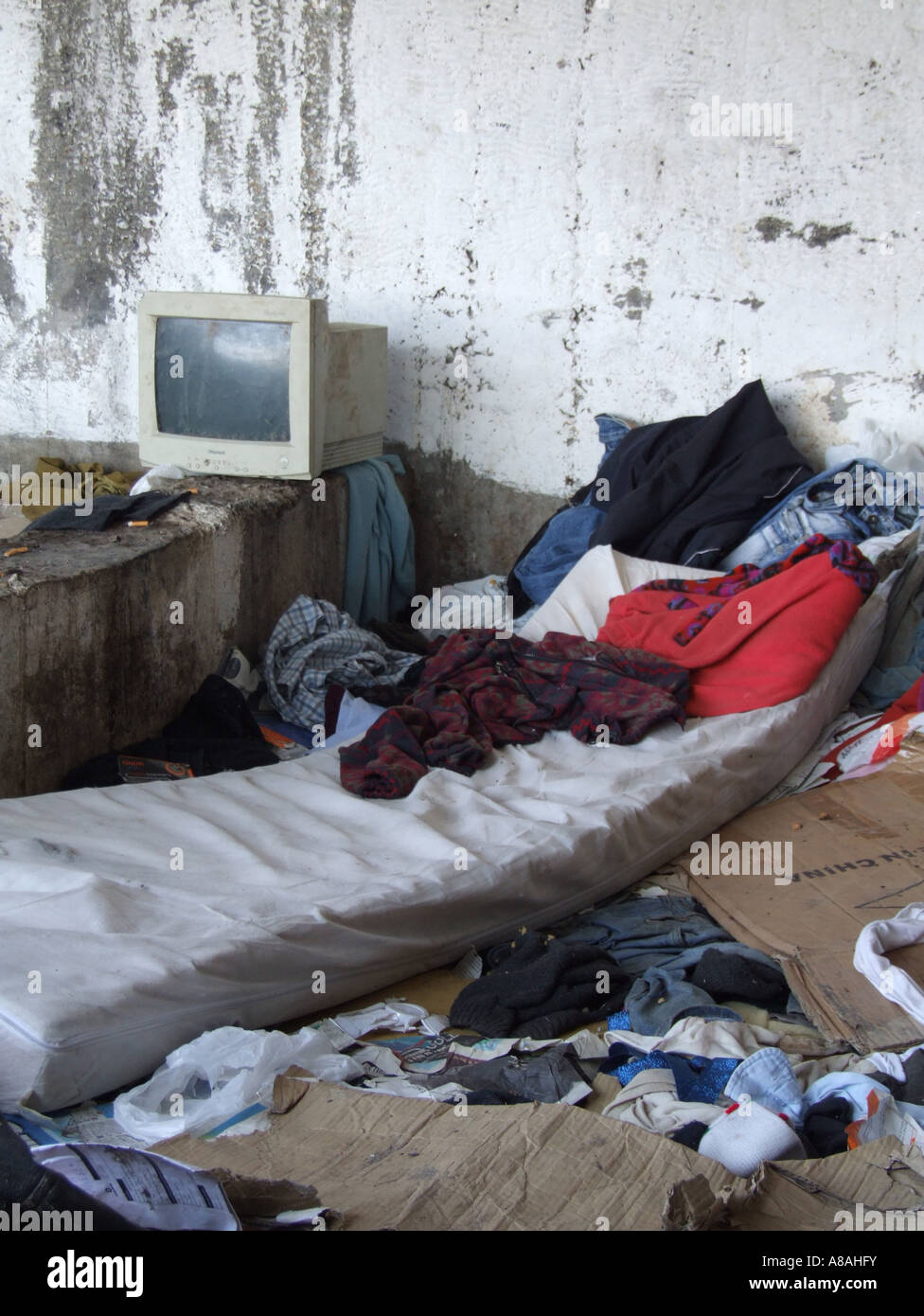 bed of homeless person under bridge Stock Photo - Alamy