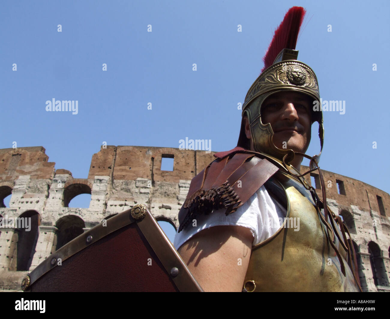 Roman soldier in a procession by the colosseum celebrating the birth of ...