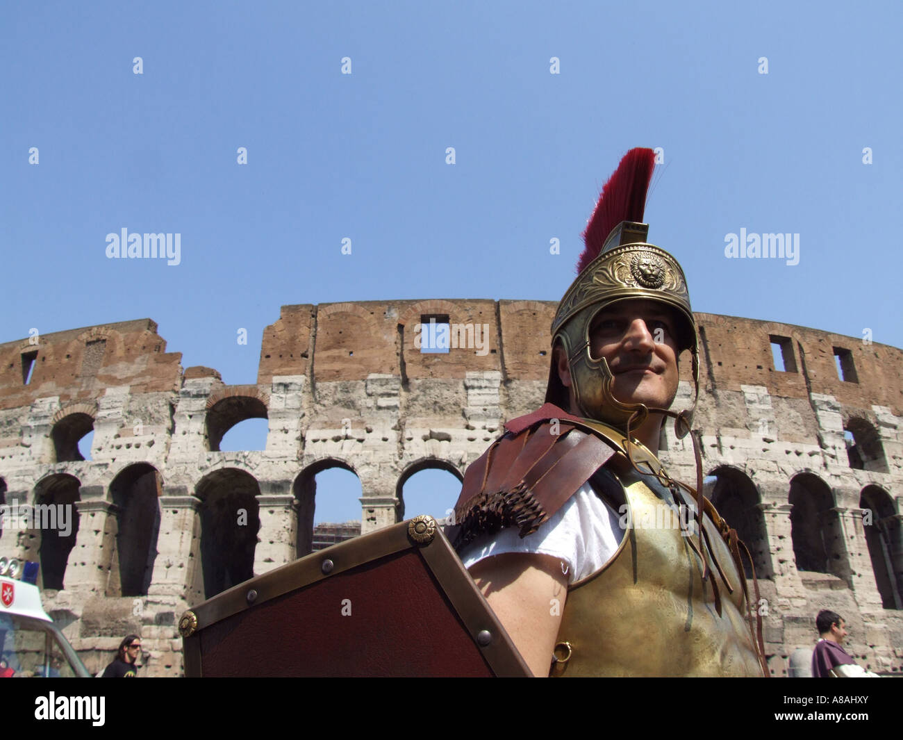 Roman soldier in a procession by the colosseum celebrating the birth of ...