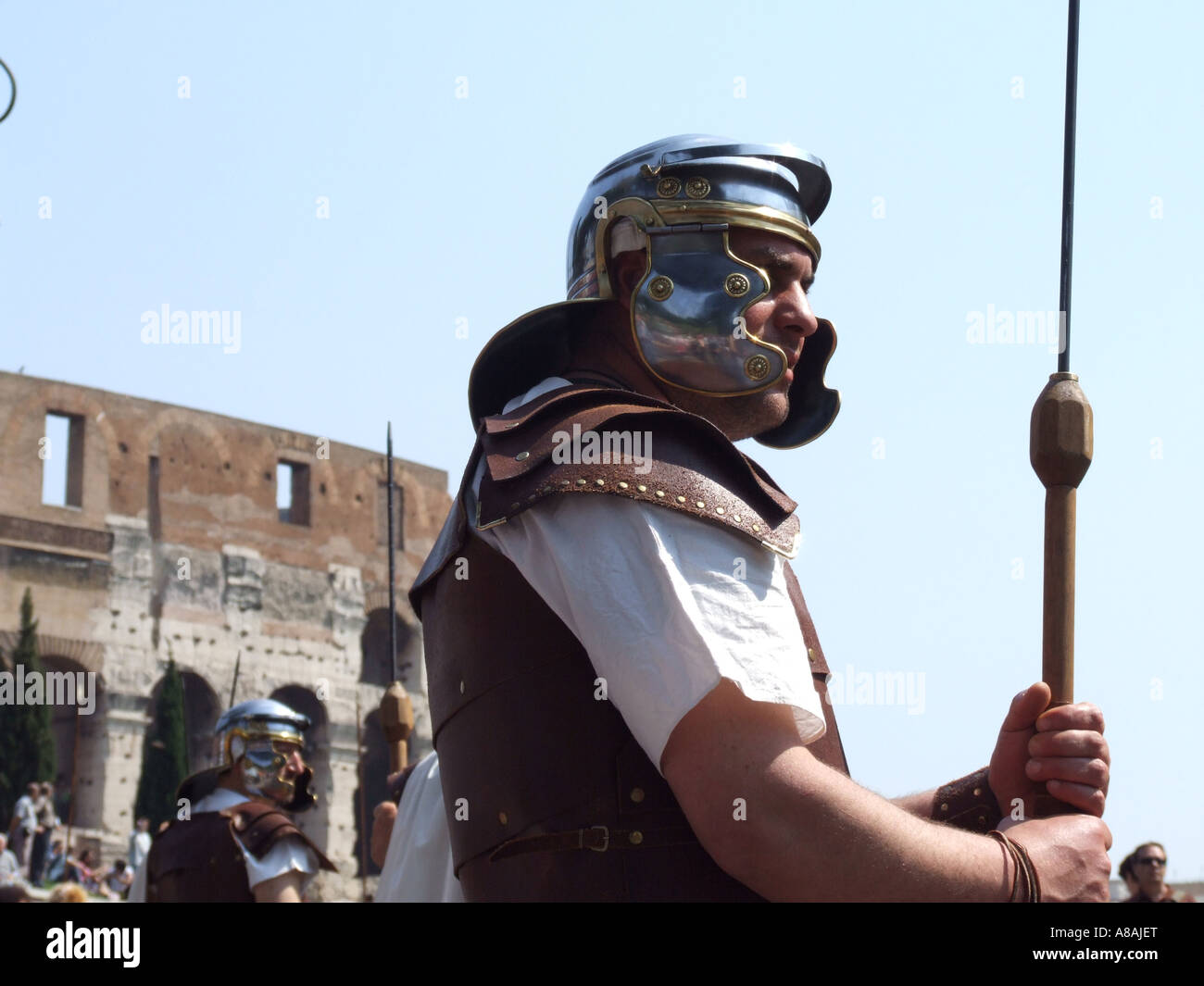 Roman soldier in a procession by the colosseum celebrating the birth of ...