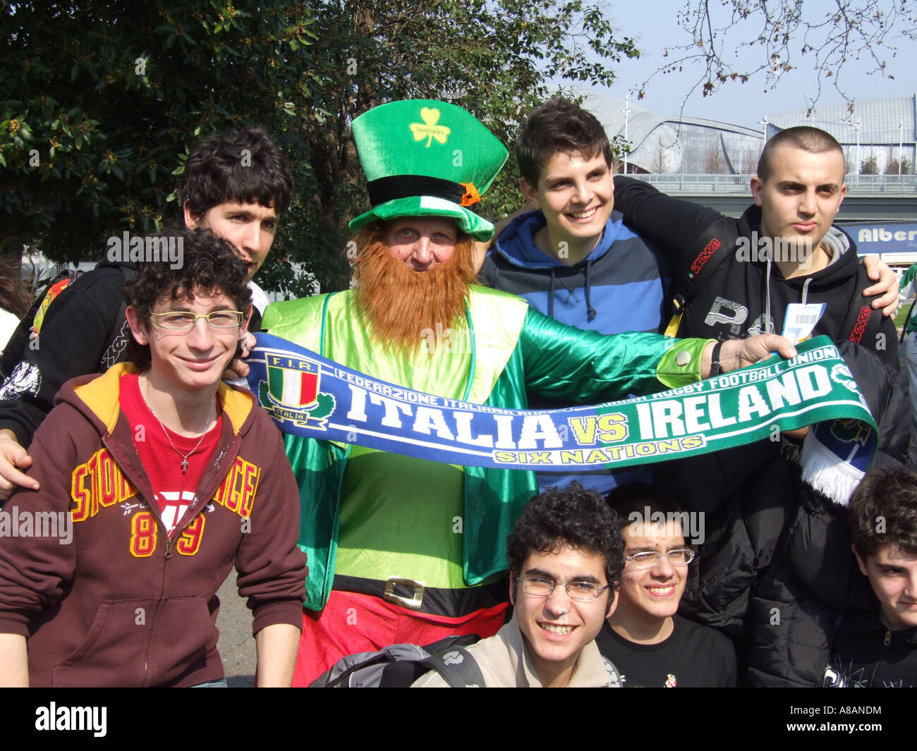 irish rugby fan posing with italians in rome for the six nations match ...