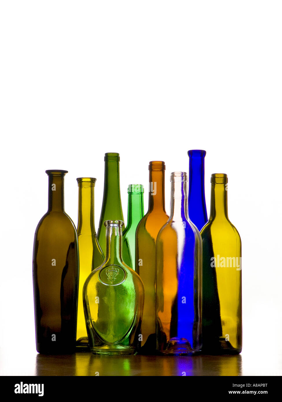 WINE BOTTLES VARIETIES WHITE BACKGROUND Collection of various colourful ...