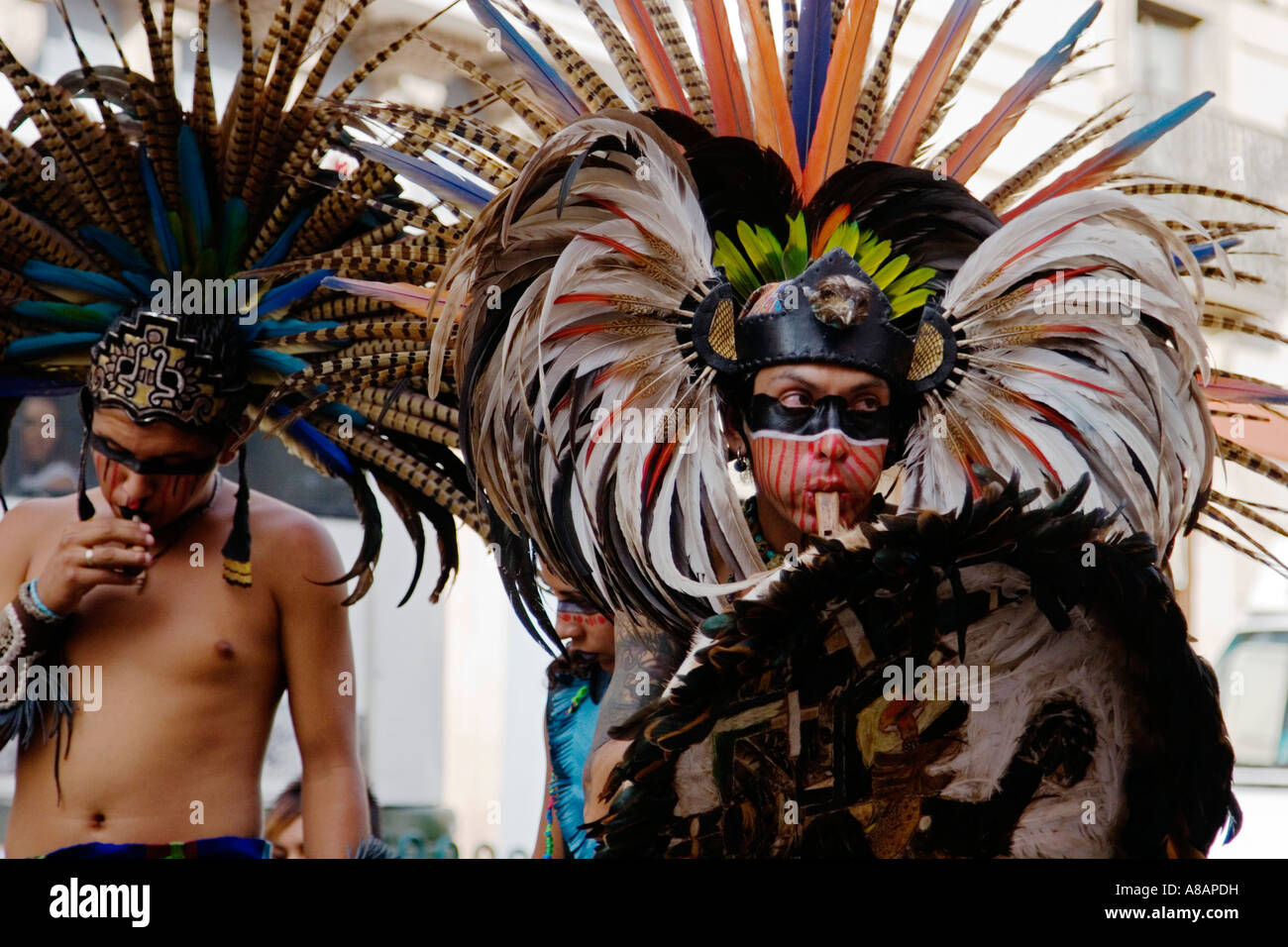 AZTEC DANCERS performs in a traditional warrior feathered COSTUME ...