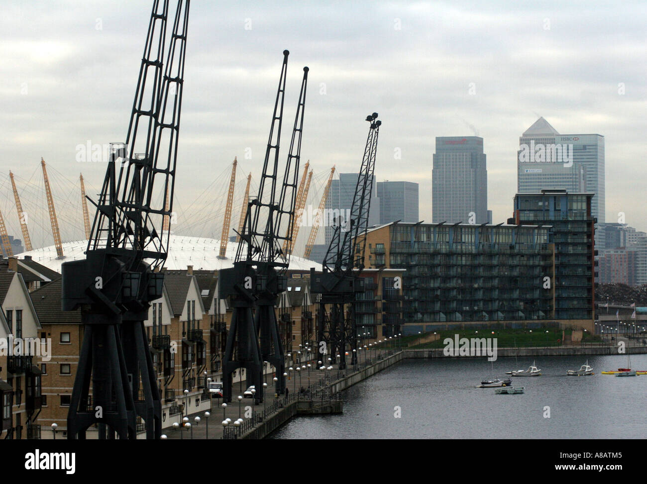 Royal Victoria Dock East London with O2 and Canary Wharf in background ...