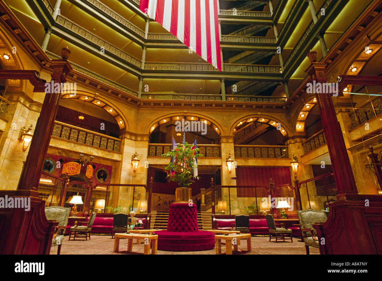 An AMERICAN FLAG hangs inside the BROWN PALACE HOTEL DENVER COLORADO ...