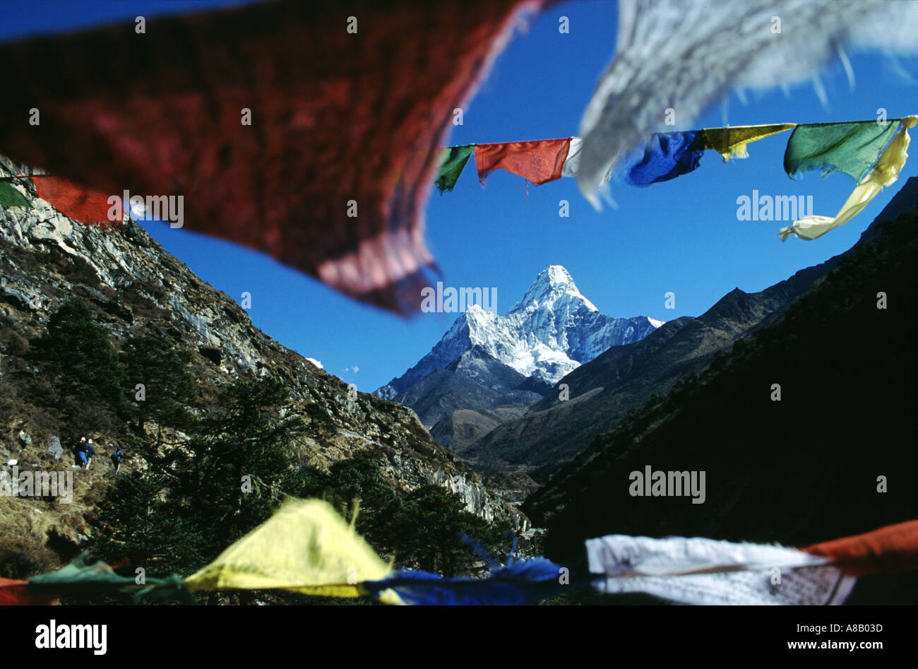 Ama Dablam seen through prayer flags Everest trek Sagarmatha National ...