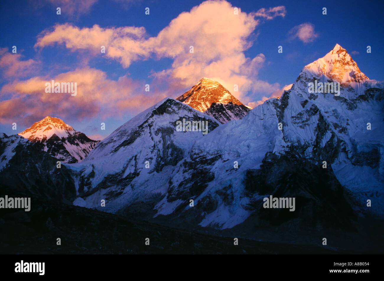 Changtse Mount Everest in the middle and Nuptse lit by the setting sun ...