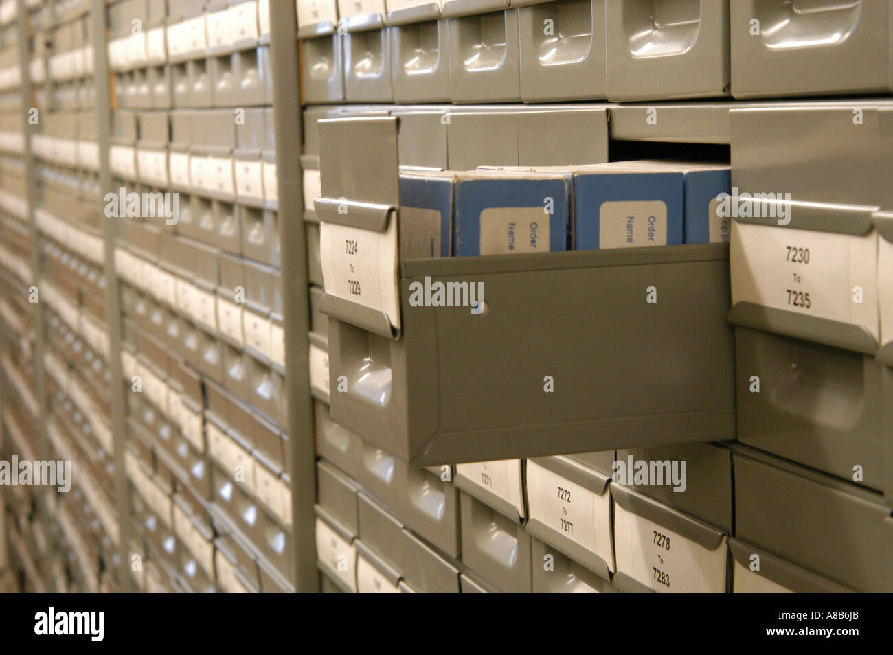 Microfiche library with a drawer open Stock Photo - Alamy