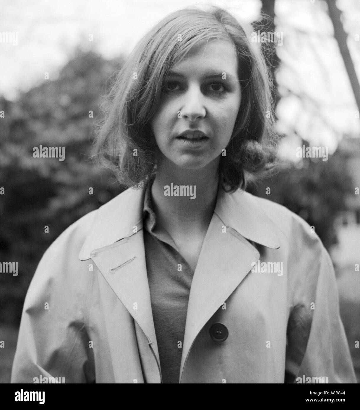 Black and white portrait of a young woman from 1968 with an intense ...