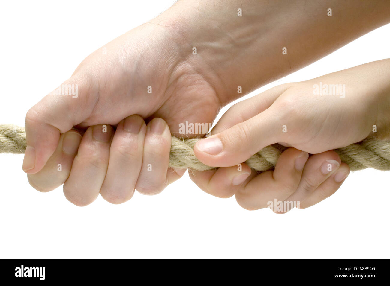 Man and woman pulling in one direction Isolated on a white background ...