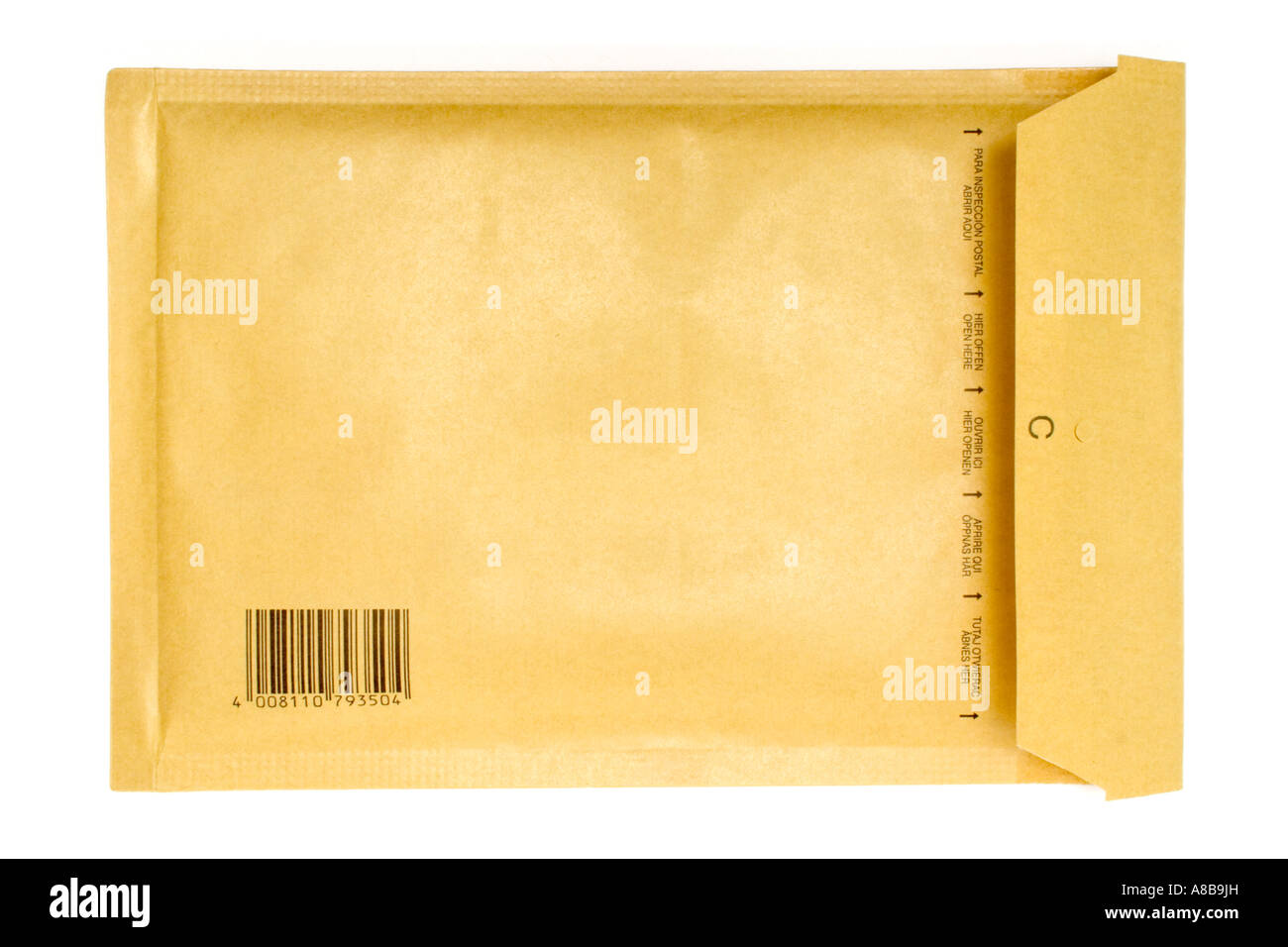 Back view of a brown air cushioned envelope with an imprinted bar code ...