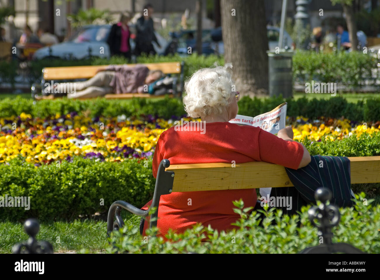 Budapest, Hungary. Old woman reading magazine in square in city centre ...