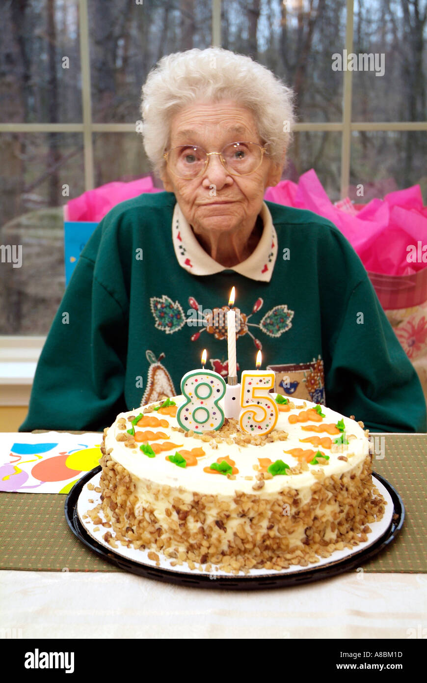 Senior female celebrates 85 birthday with cake ice cream family and ...