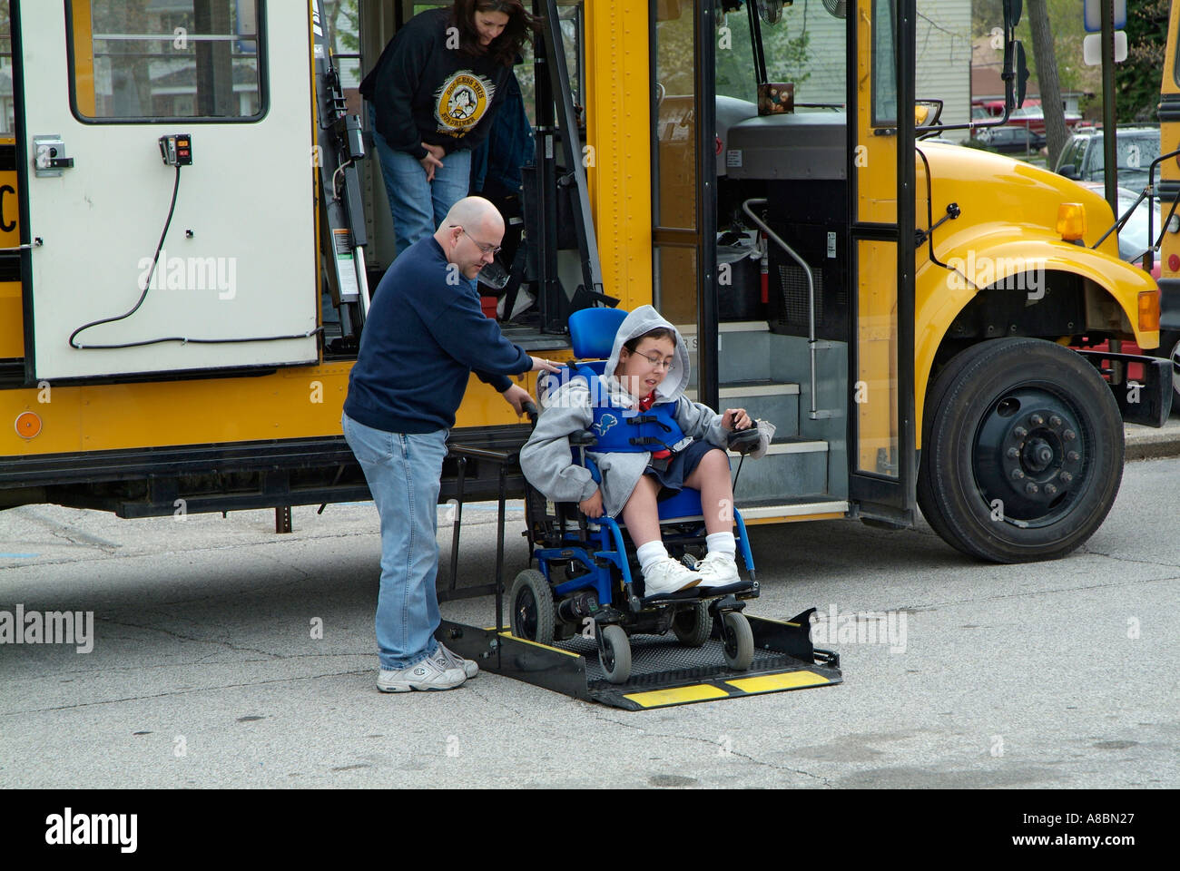 School busses lined up in front of middle school ready to transport ...